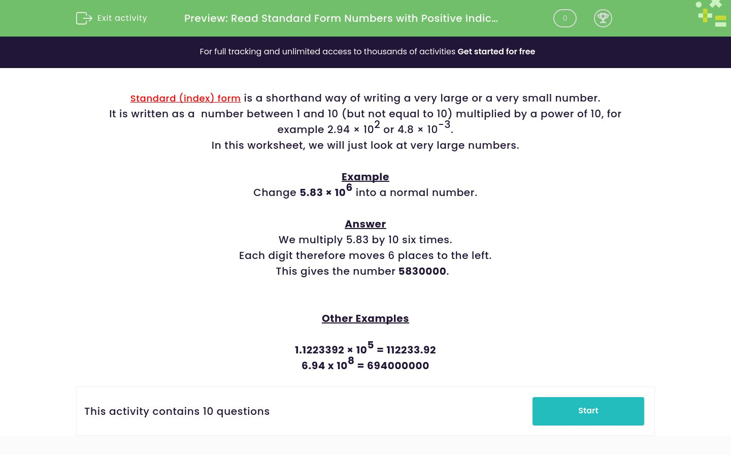 Read Standard Index Form Numbers with Positive Indices Worksheet - EdPlace