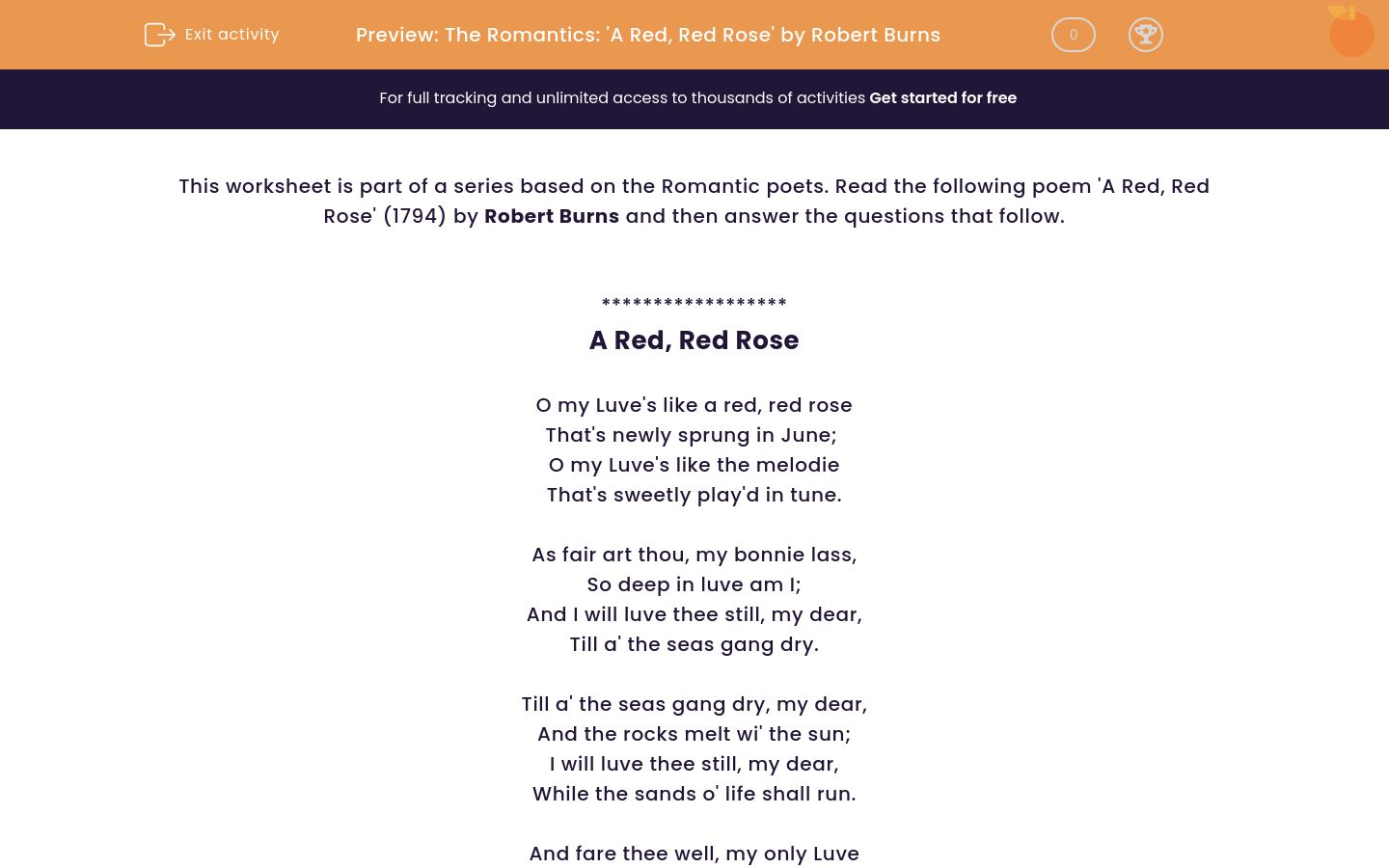 The Romantics: 'A Red, Red Rose' by Robert Burns Worksheet - EdPlace