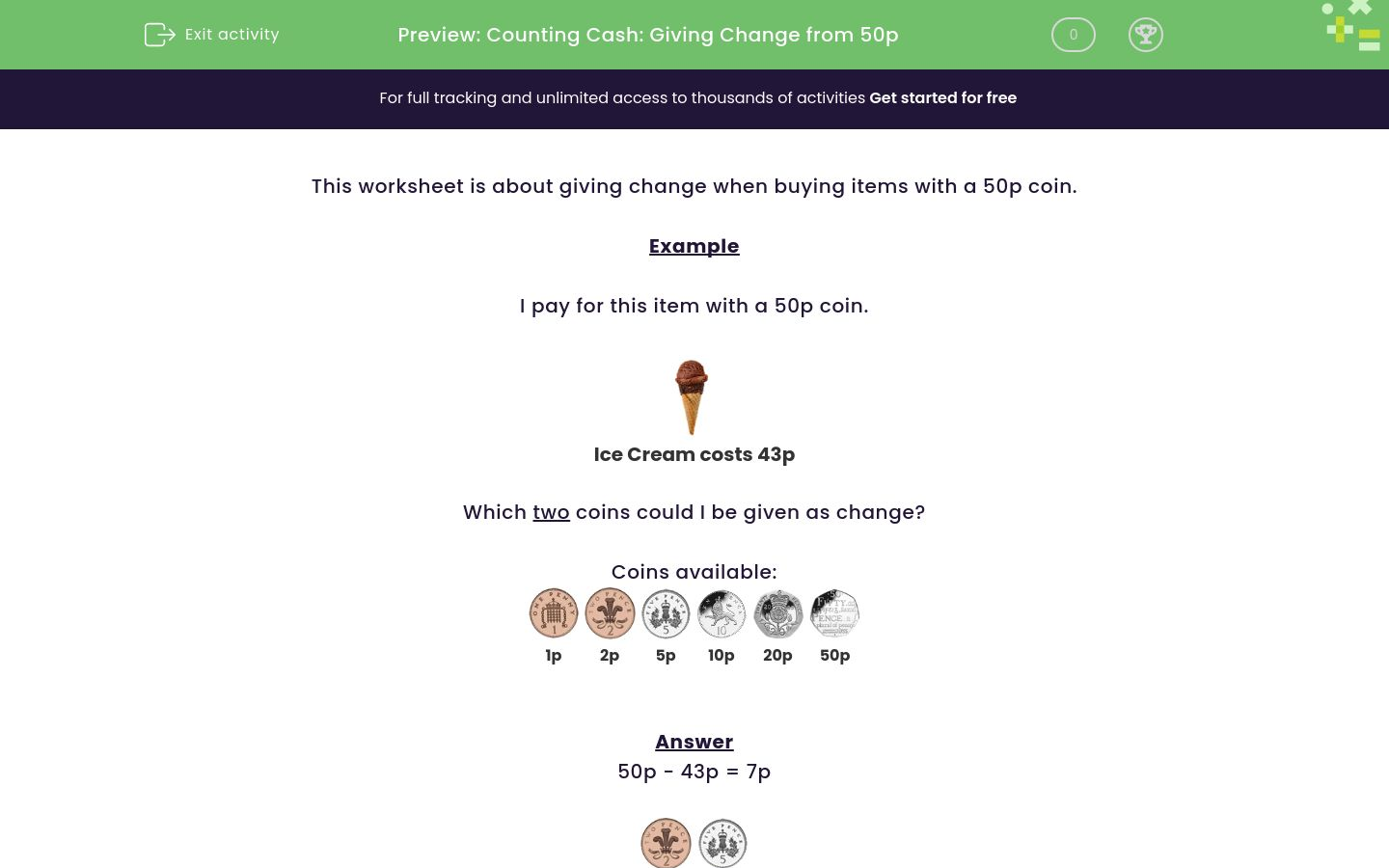 Give Change from 50p Worksheet - EdPlace