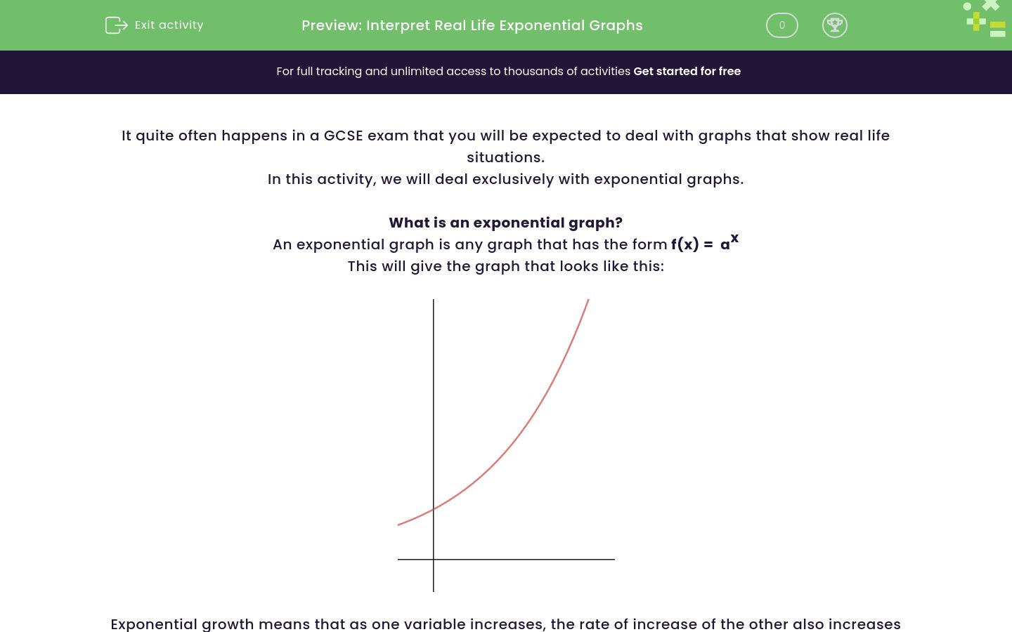 Interpret Real Life Exponential Graphs Worksheet - EdPlace