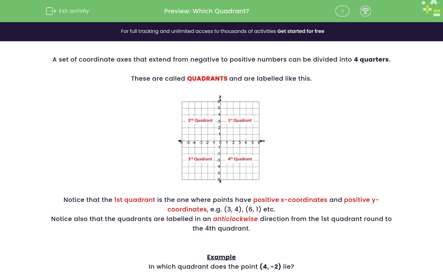 Recognise the Quadrants in a Coordinate Grid Worksheet - EdPlace