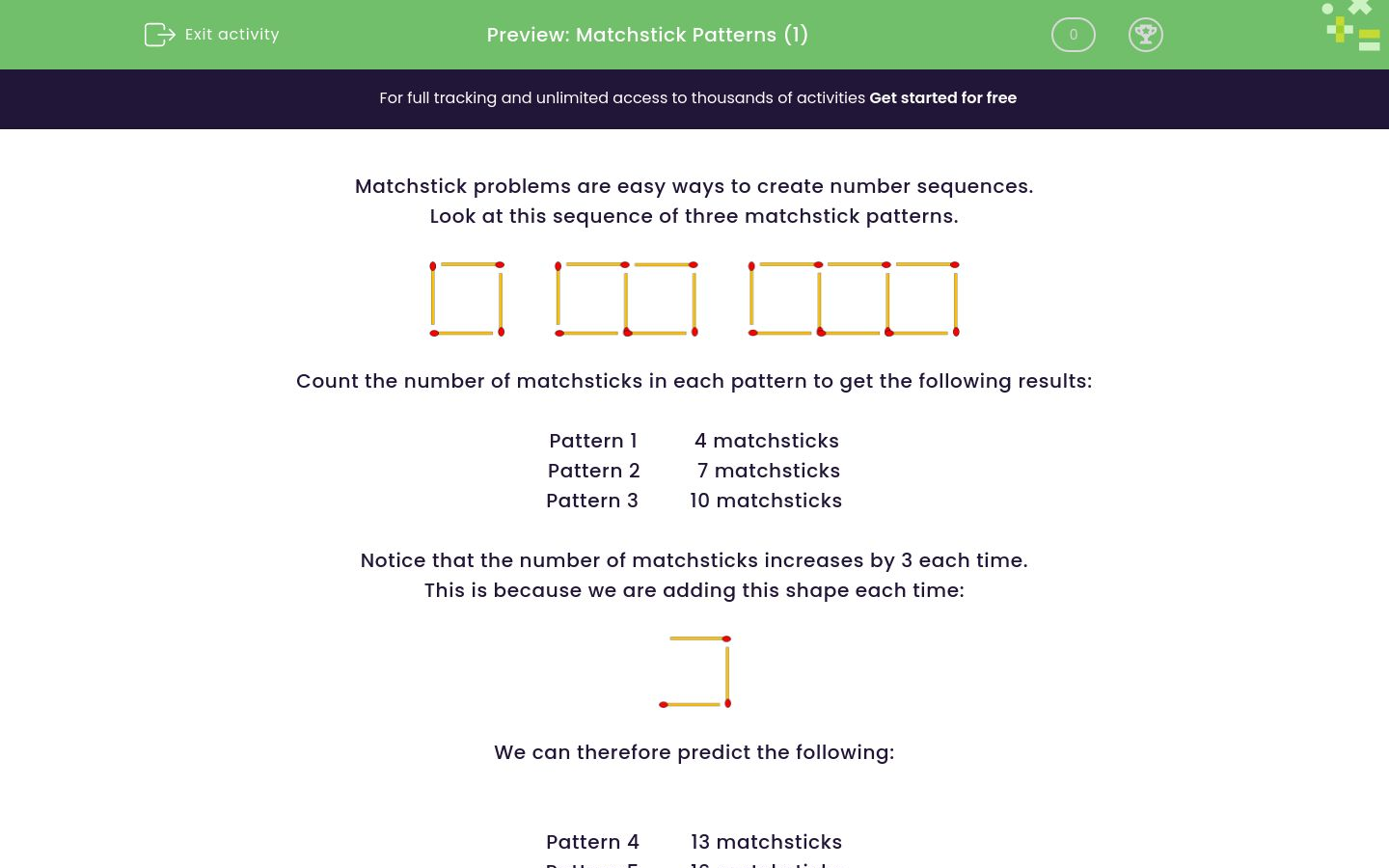 Use Matchstick Patterns to Explain Sequences Worksheet - EdPlace