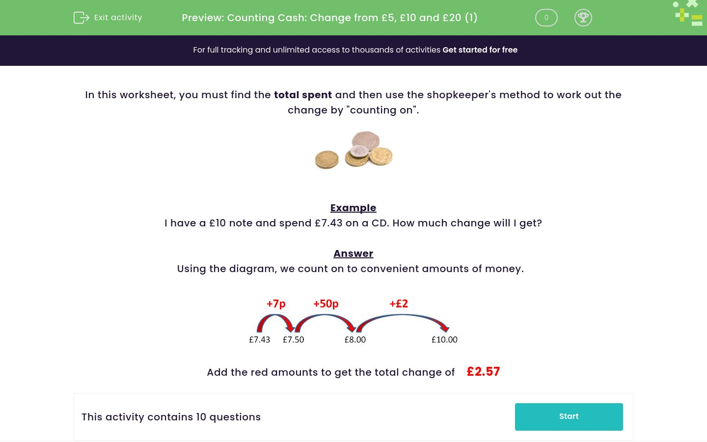 Calculate Change from £5, £10 and £20 Worksheet - EdPlace