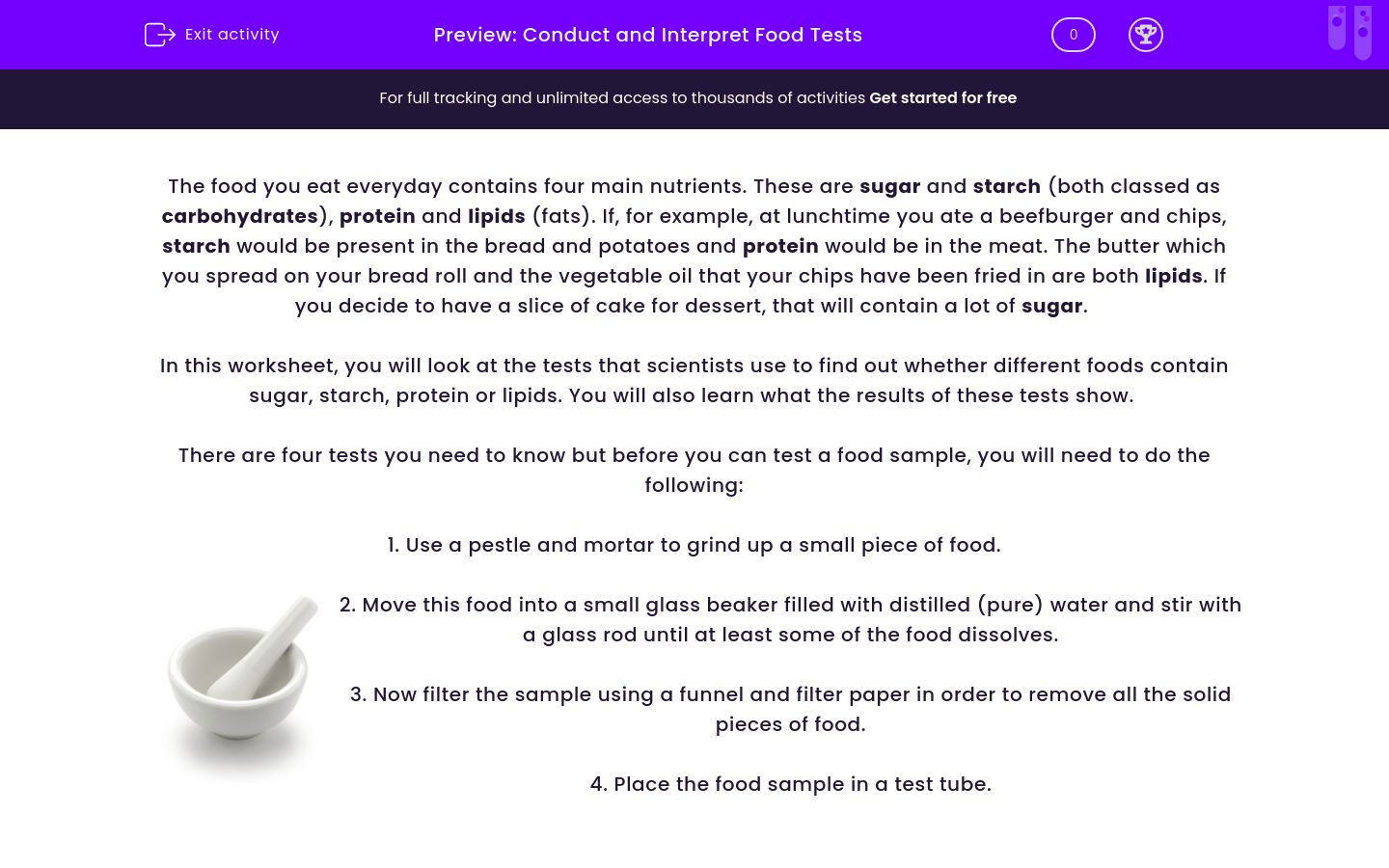 Conduct and Interpret Food Tests Worksheet - EdPlace