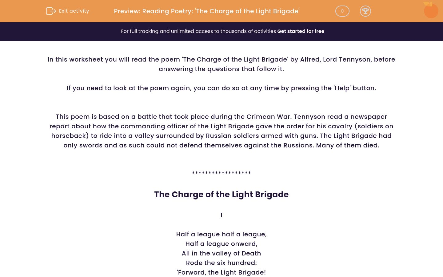 Reading Poetry: 'The Charge of the Light Brigade' Worksheet - EdPlace