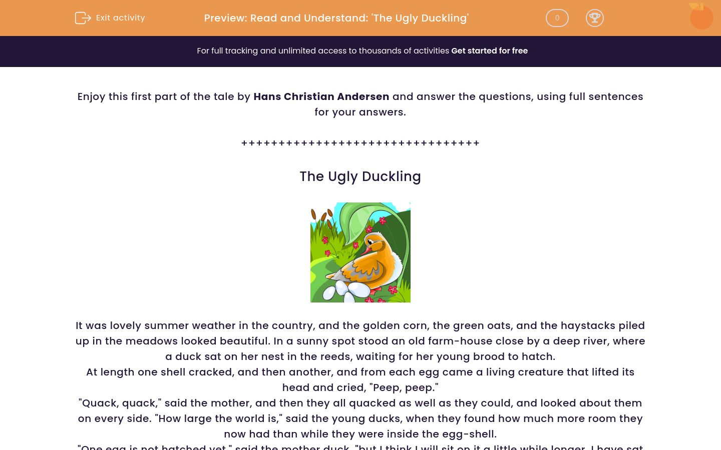 Read and Understand: 'The Ugly Duckling' Worksheet - EdPlace