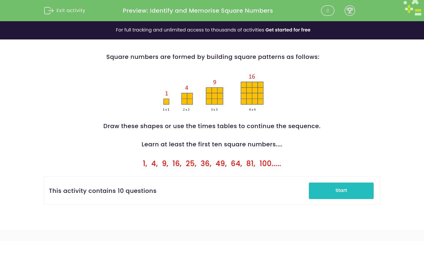 Identify and Memorise Square Numbers Worksheet - EdPlace