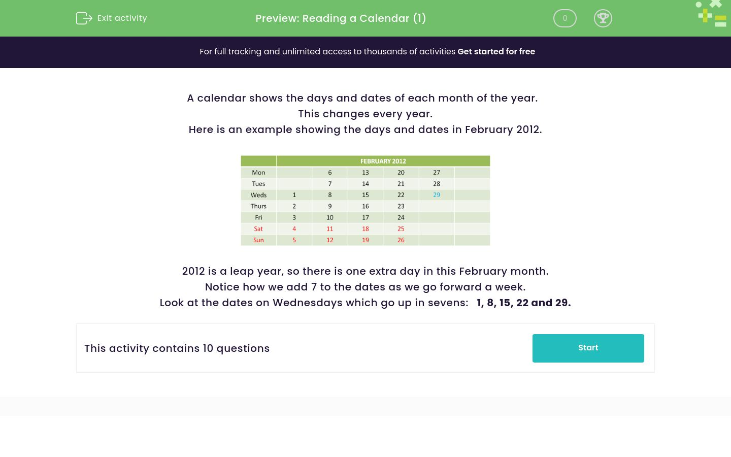 Practise Reading a Calendar Worksheet - EdPlace