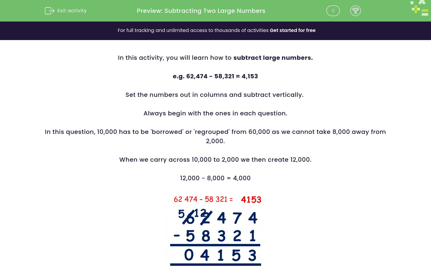 Subtract Two Large Numbers Using Column Method and Exchanging Worksheet ...
