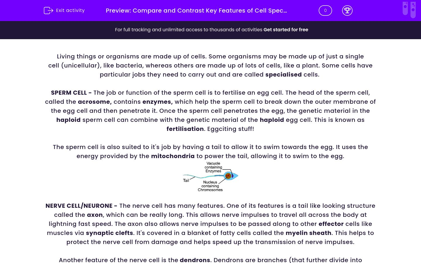 Compare and Contrast Key Features of Cell Specialisation Worksheet ...