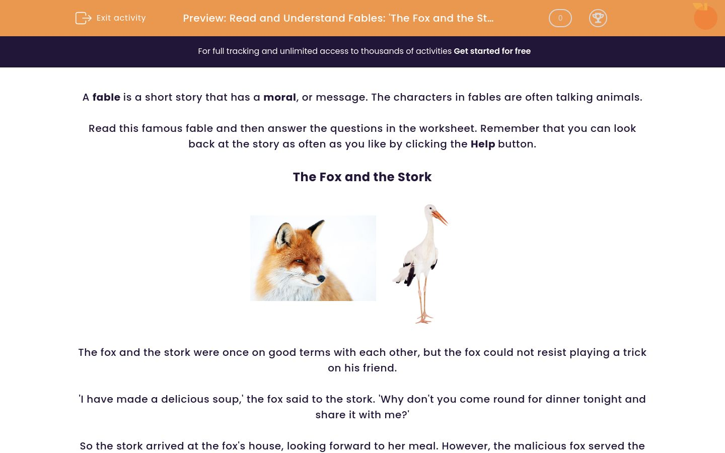 Read and Understand Fables: 'The Fox and the Stork' Worksheet - EdPlace