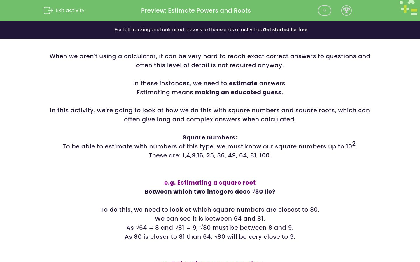 Estimate Powers and Roots Worksheet - EdPlace