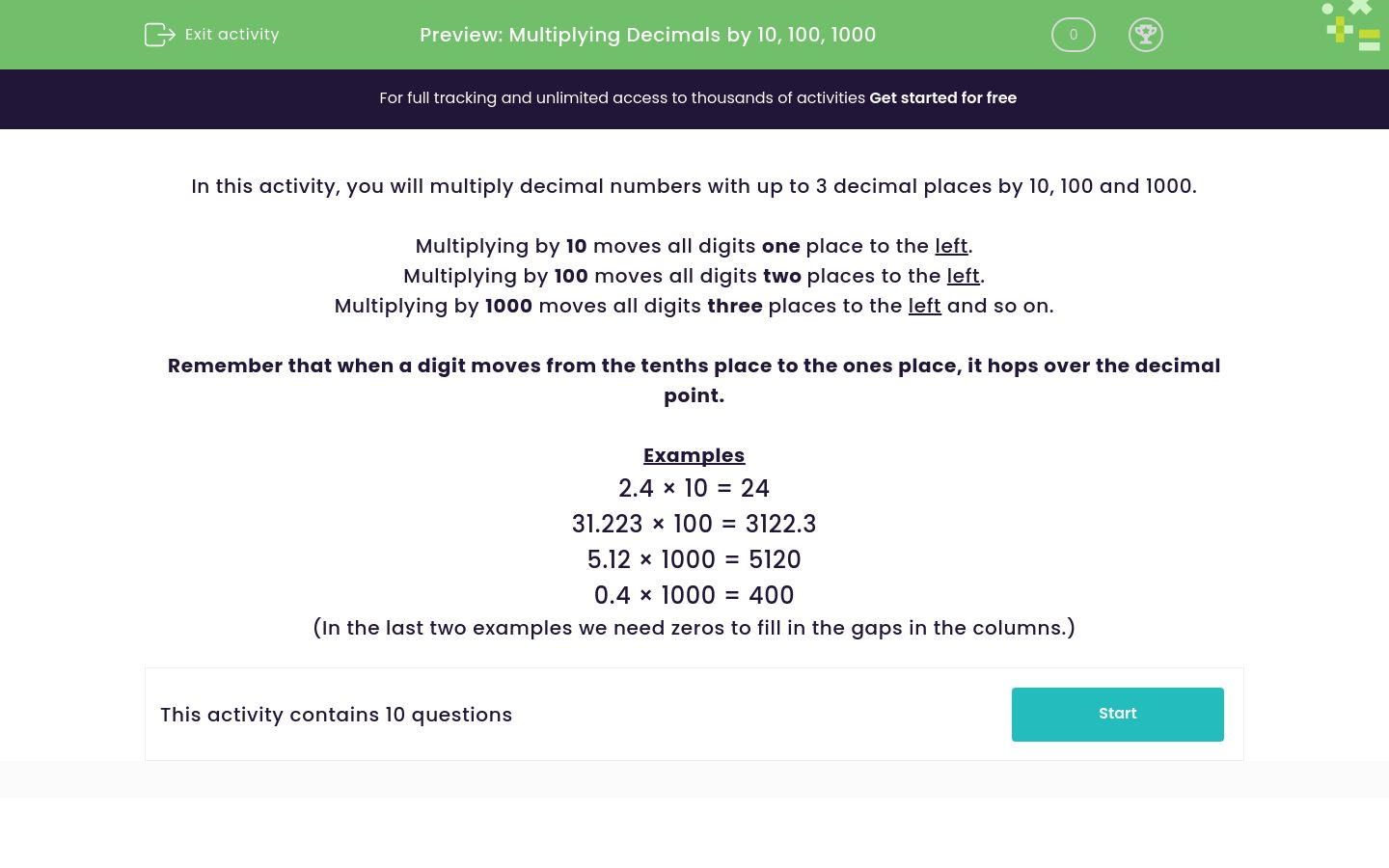 Multiply Decimals by 10, 100 or 1000 Worksheet - EdPlace