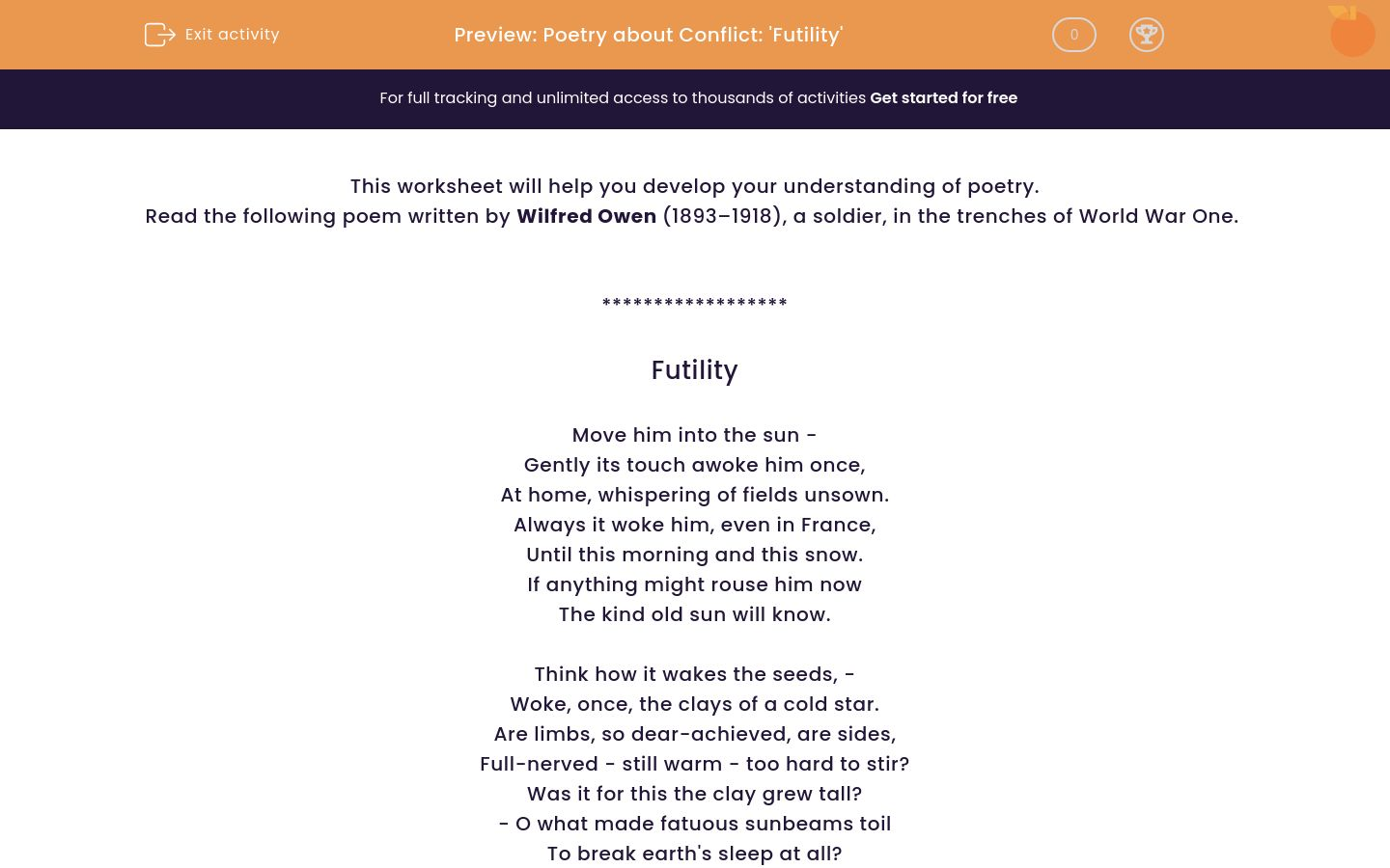 Poetry about Conflict: 'Futility' Worksheet - EdPlace