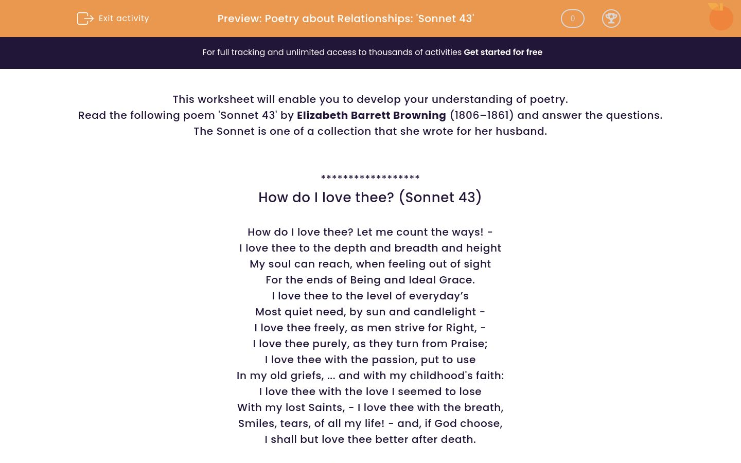 Poetry about Relationships: 'Sonnet 43' Worksheet - EdPlace