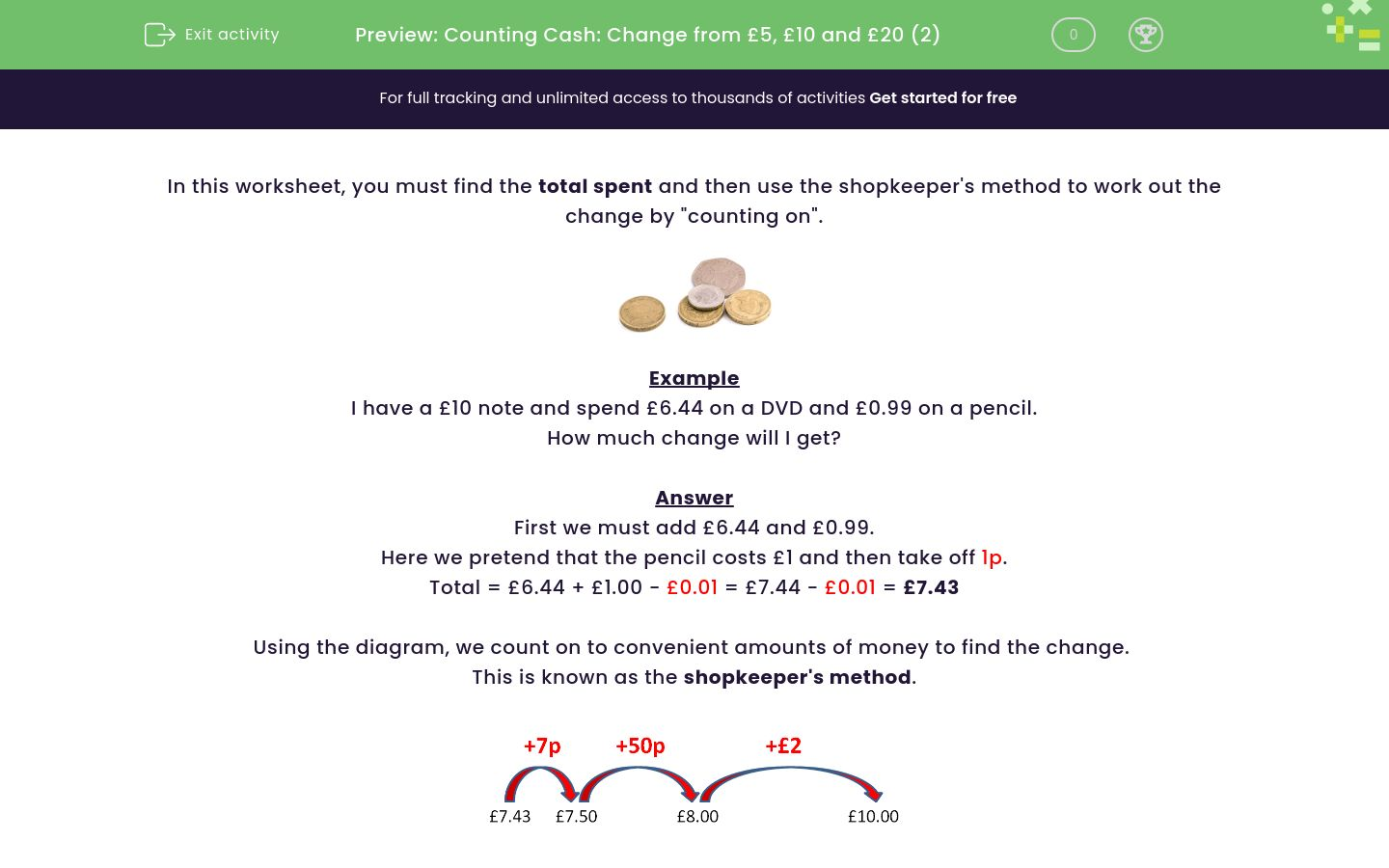 Count Change from £5, £10 and £20 Worksheet - EdPlace