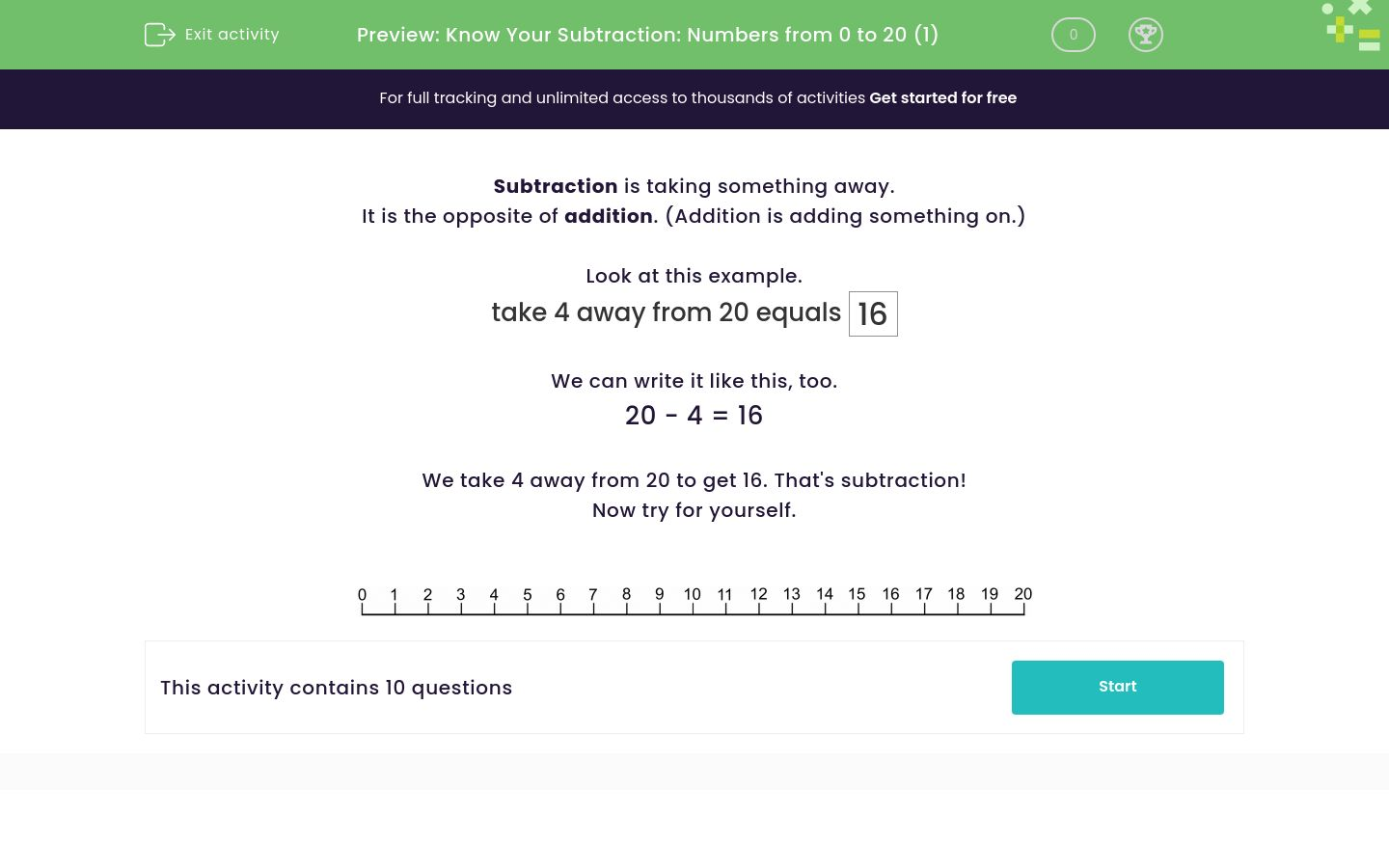 Know Your Subtraction: Subtract Numbers Between 0 and 20 Worksheet ...