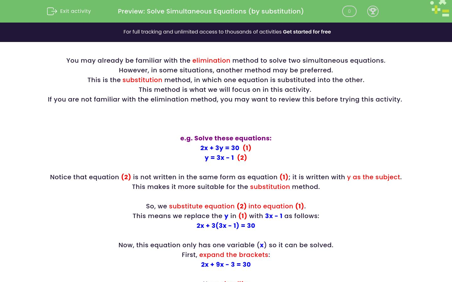 Solve Simultaneous Equations (by substitution) Worksheet - EdPlace