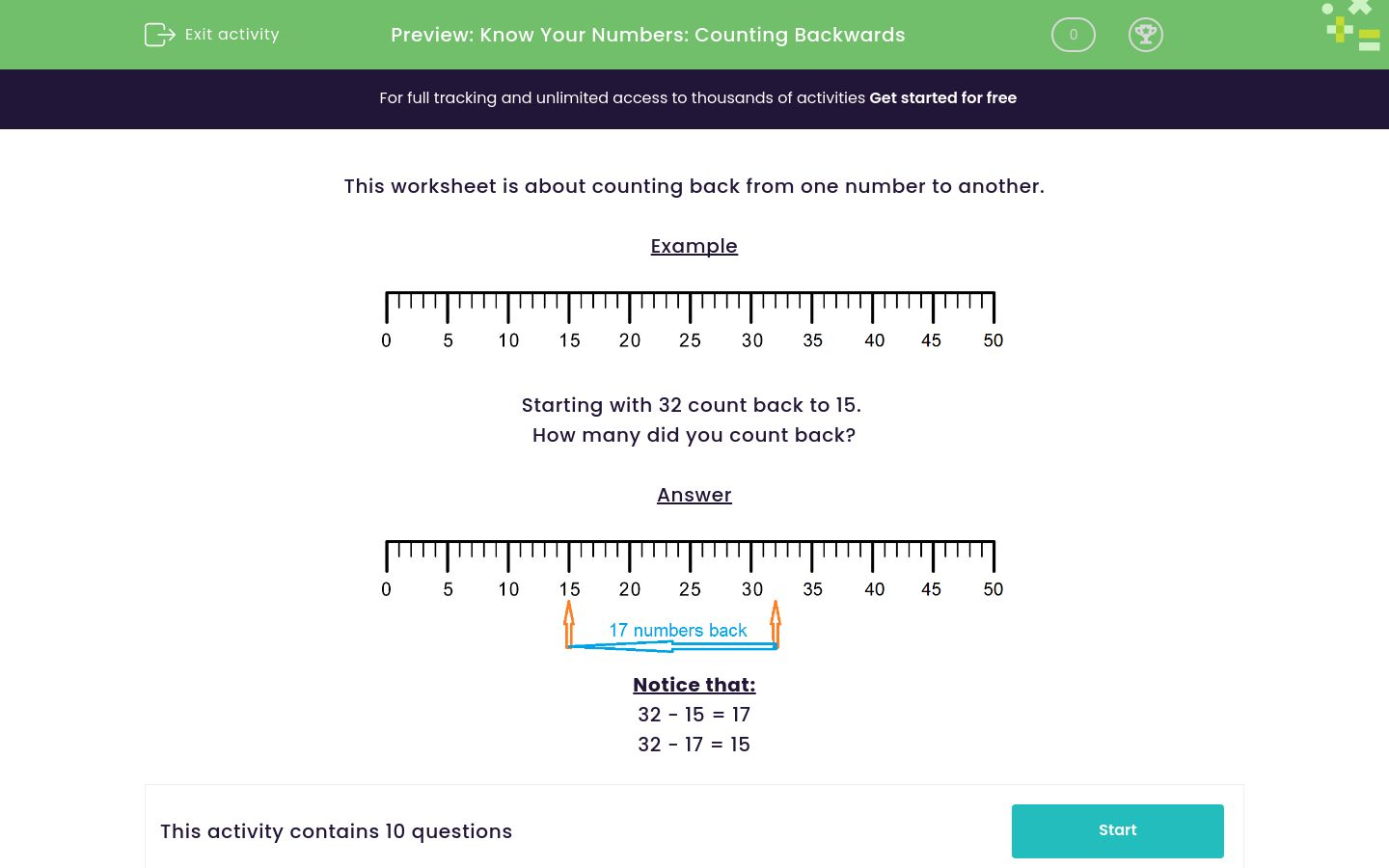 Count Backwards on a Number Line Worksheet - EdPlace