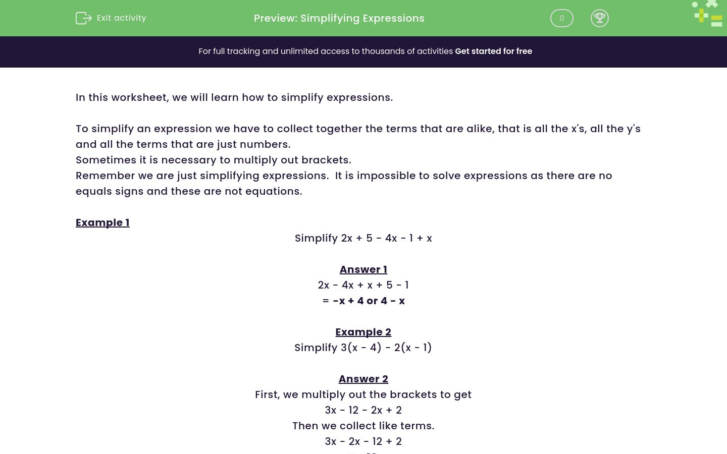 Simplify Expressions Worksheet - EdPlace