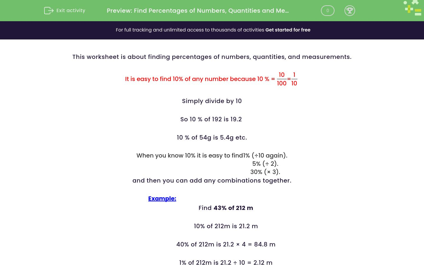Find Percentages of Numbers, Quantities and Measurements Worksheet ...