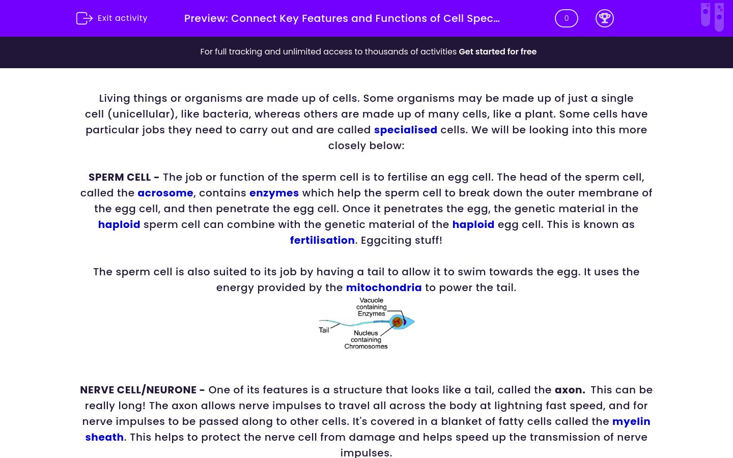 Connect Key Features and Functions of Cell Specialisation Worksheet ...