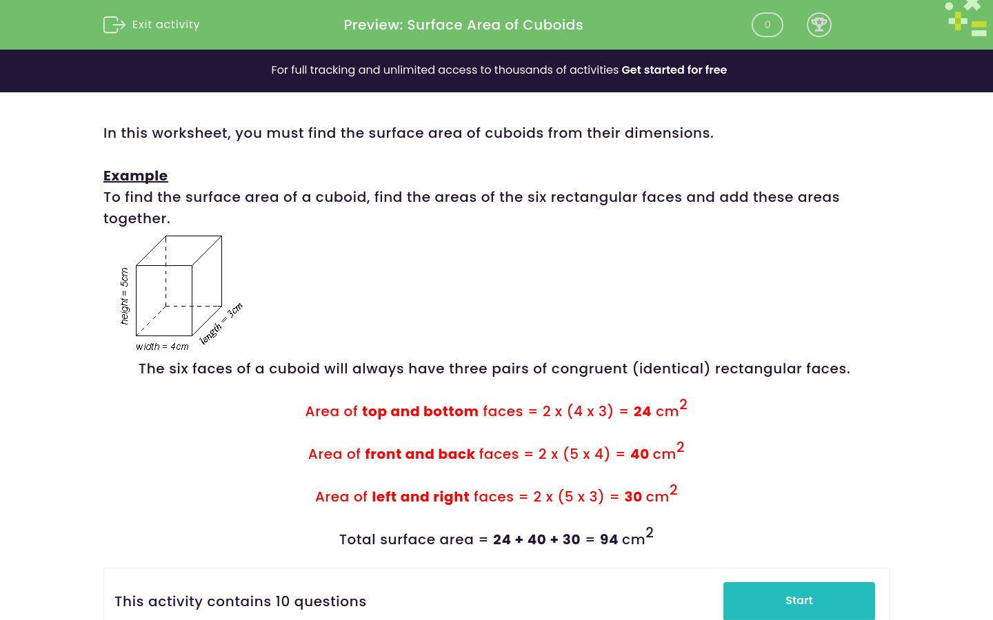 Find the Surface Area of Cuboids Worksheet - EdPlace
