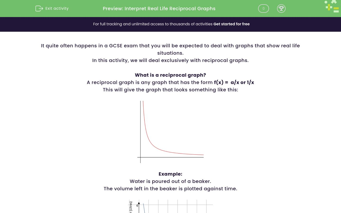Interpret Real Life Reciprocal Graphs Worksheet - EdPlace