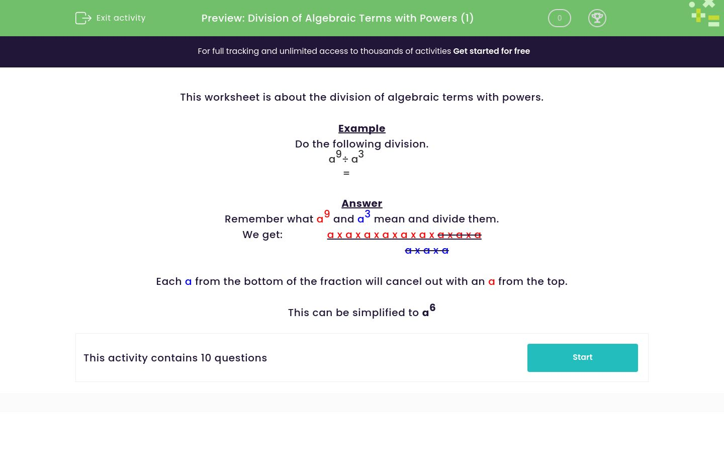 Divide Algebraic Terms with Powers Worksheet - EdPlace