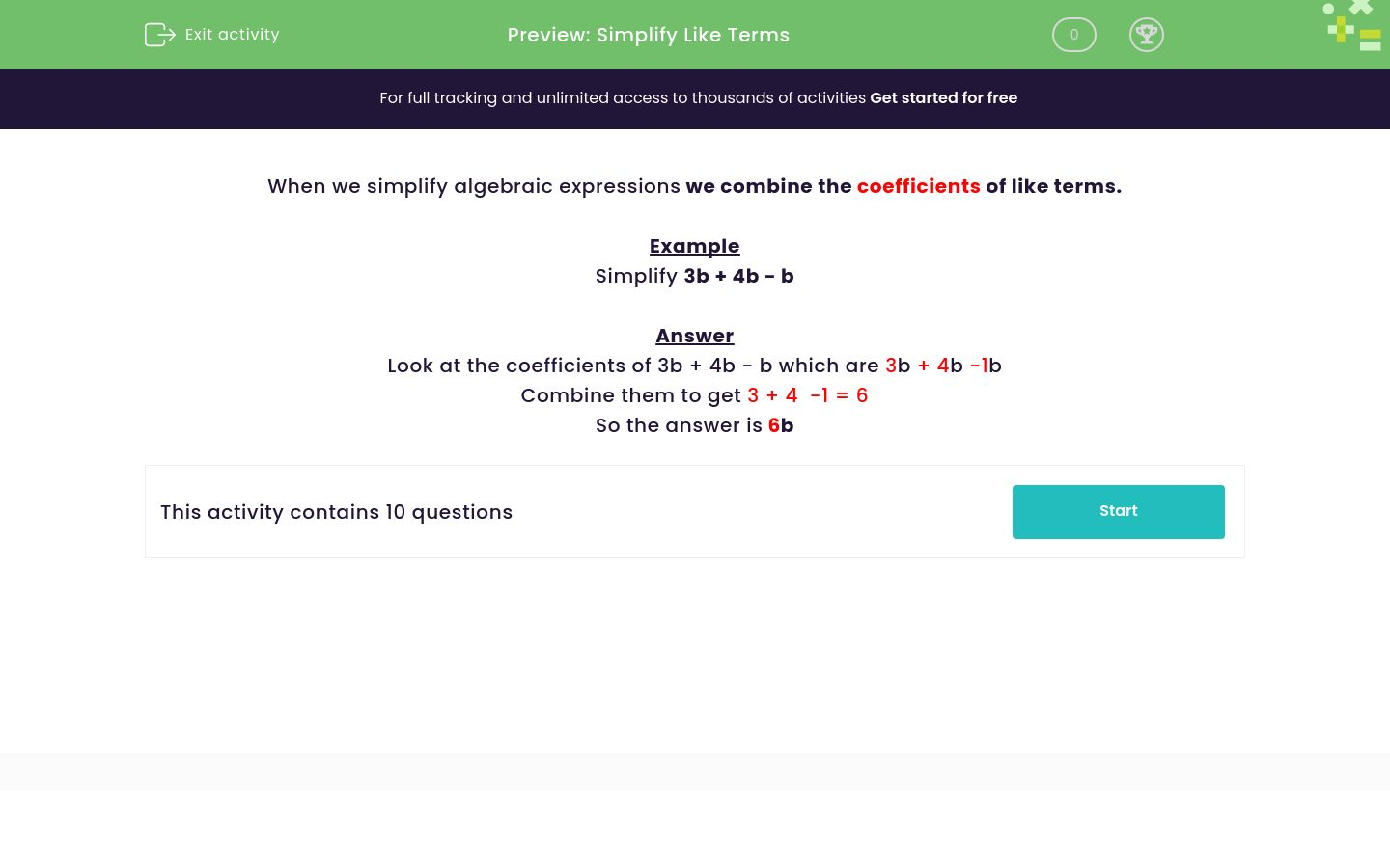 Simplify Like Terms Worksheet - EdPlace