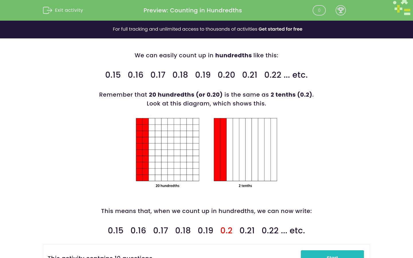 Count in Hundredths Worksheet - EdPlace