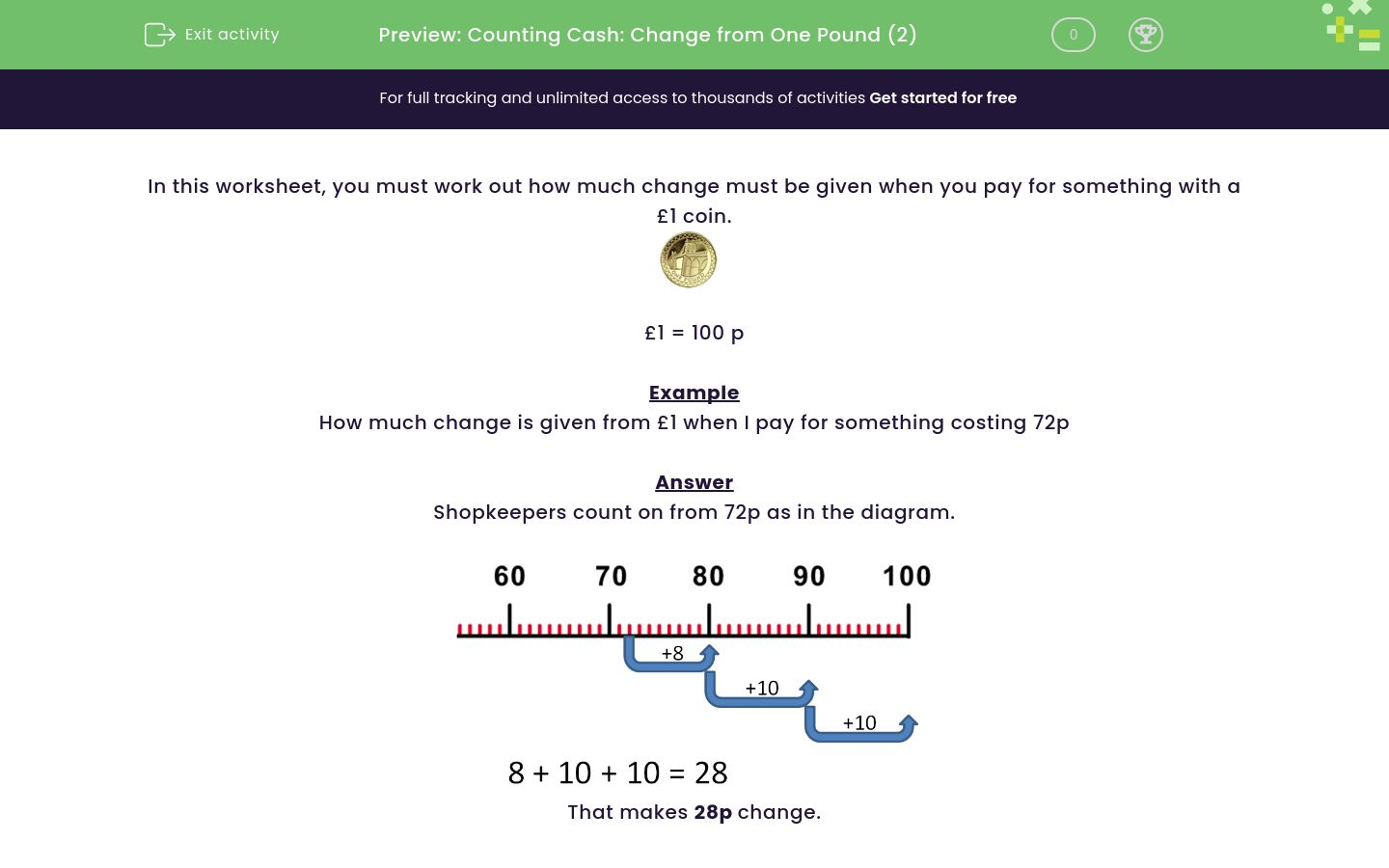 Practise Calculating Change from One Pound Worksheet - EdPlace