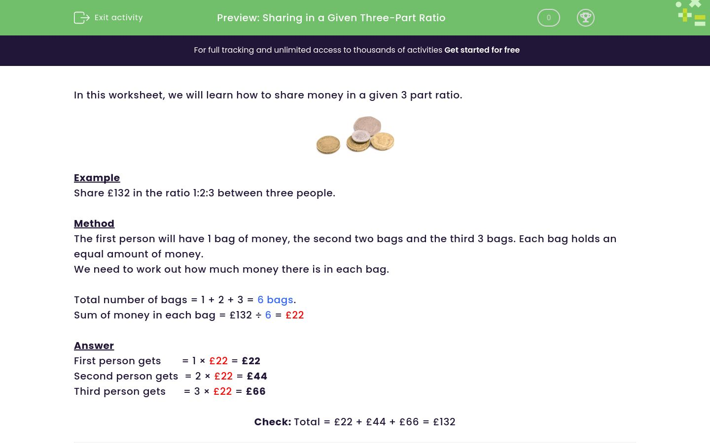 Share Amounts in a Given Three-Part Ratio Worksheet - EdPlace