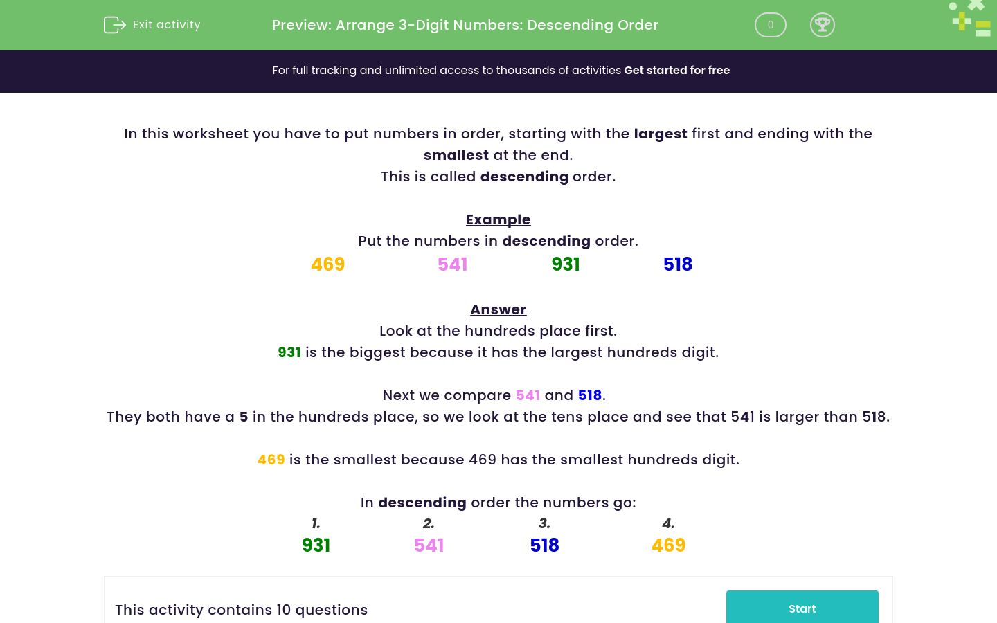 Arrange Three-Digit Numbers in Descending Order Worksheet - EdPlace