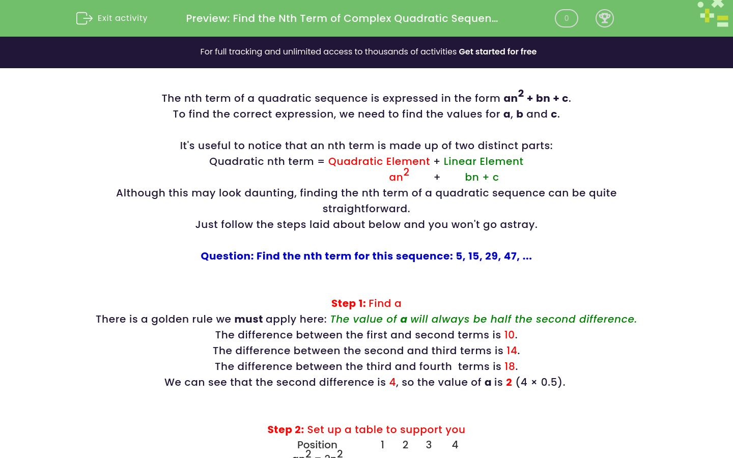 Find the Nth Term of Complex Quadratic Sequences Worksheet - EdPlace