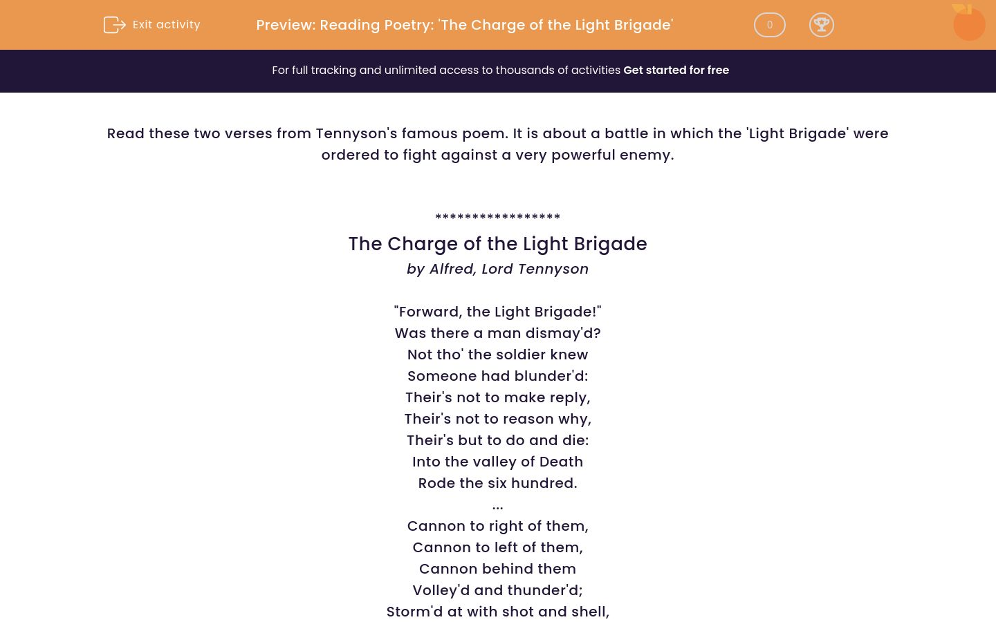 Answer Questions on a Poem: 'The Charge of the Light Brigade' Worksheet ...