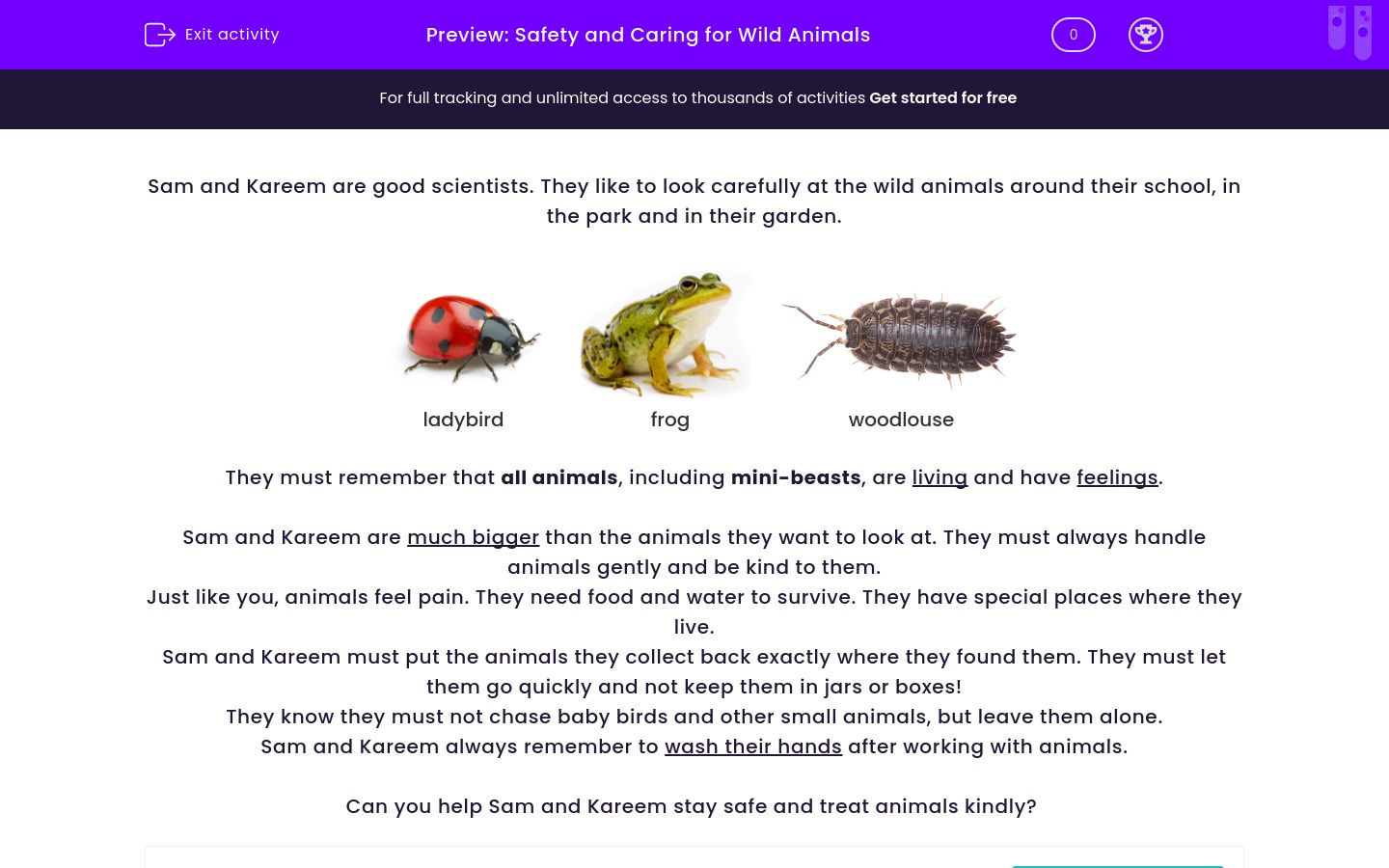 Know How to Stay Safe and Care for Wild Animals Worksheet - EdPlace