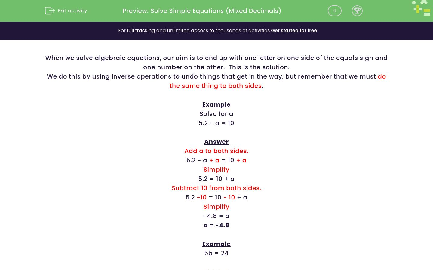 Solve Simple Equations Involving Decimals Worksheet - EdPlace
