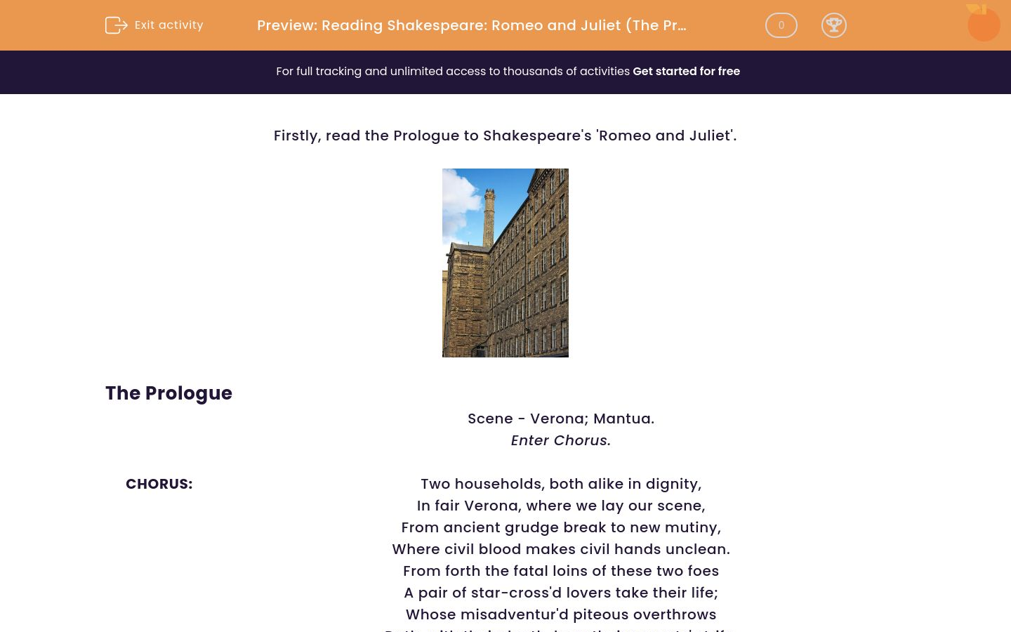 Reading Shakespeare: Romeo and Juliet (The Prologue) Worksheet - EdPlace