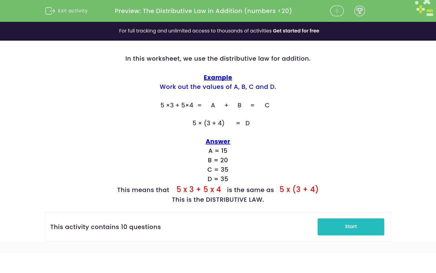 Understand the Distributive Law in Addition Worksheet - EdPlace