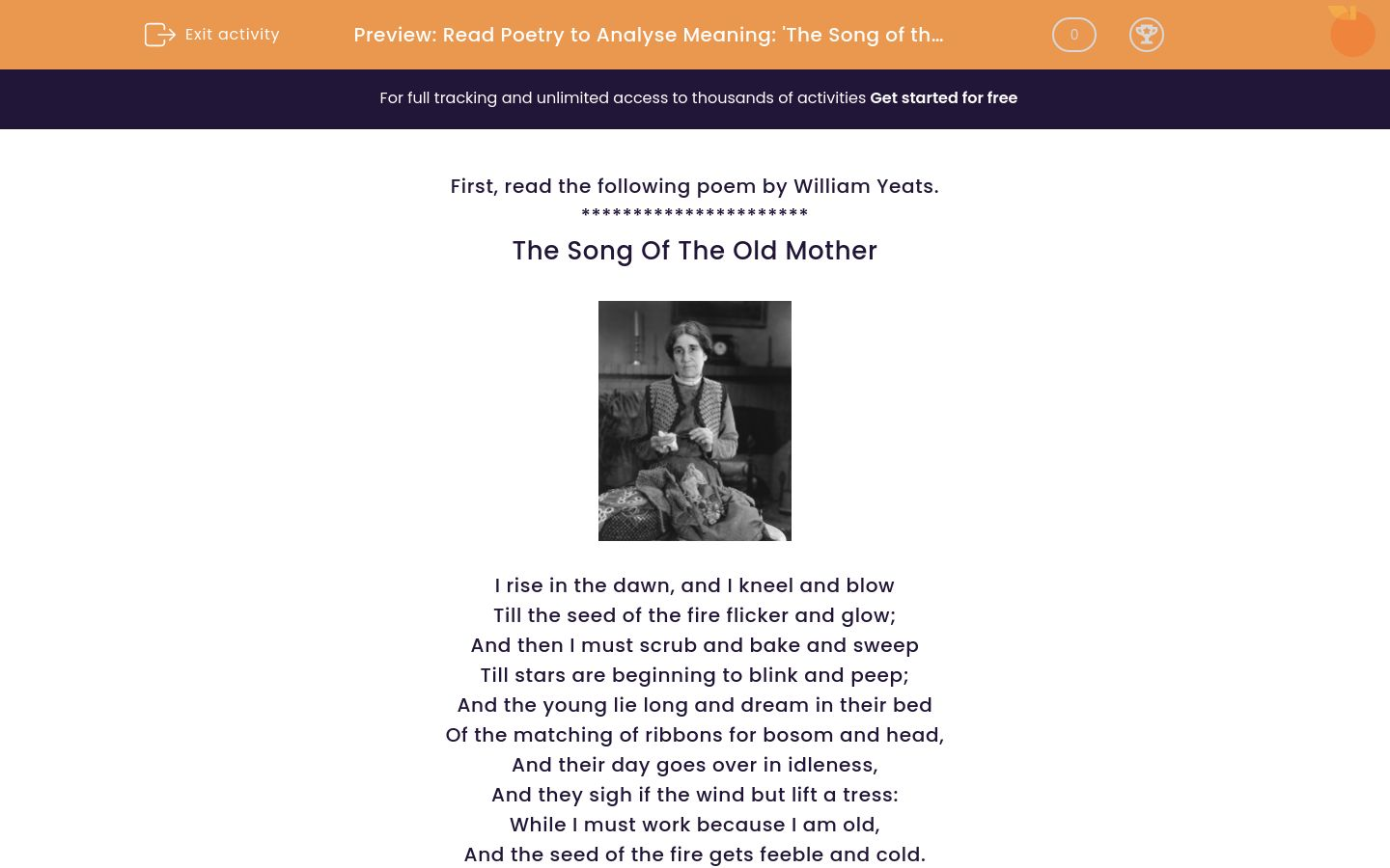 Read Poetry to Analyse Meaning: 'The Song of the Old Mother' Worksheet ...