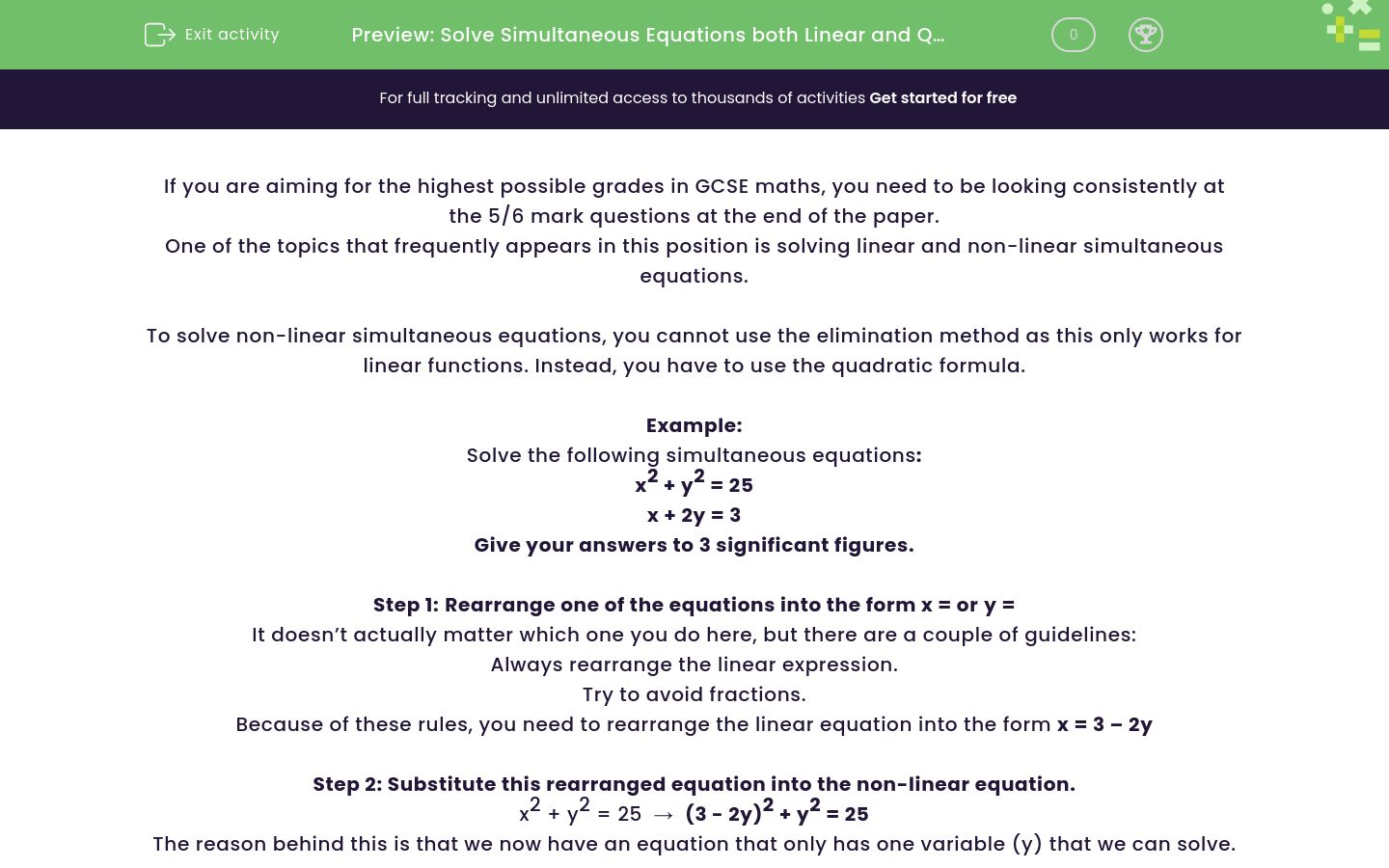 Solve Simultaneous Equations both Linear and Quadratic Worksheet - EdPlace