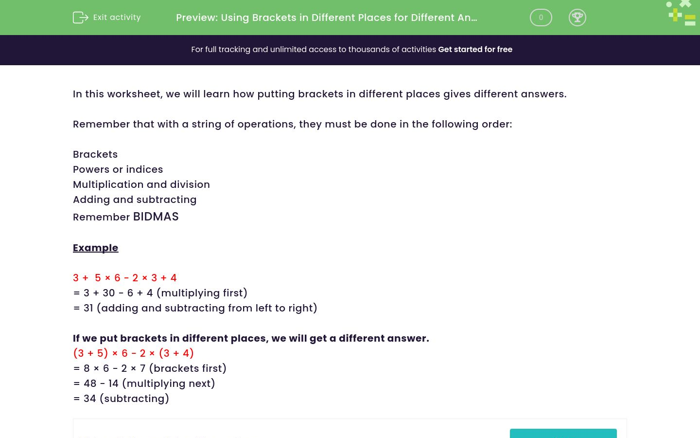 Use Brackets in Calculations to Give Different Answers Worksheet - EdPlace