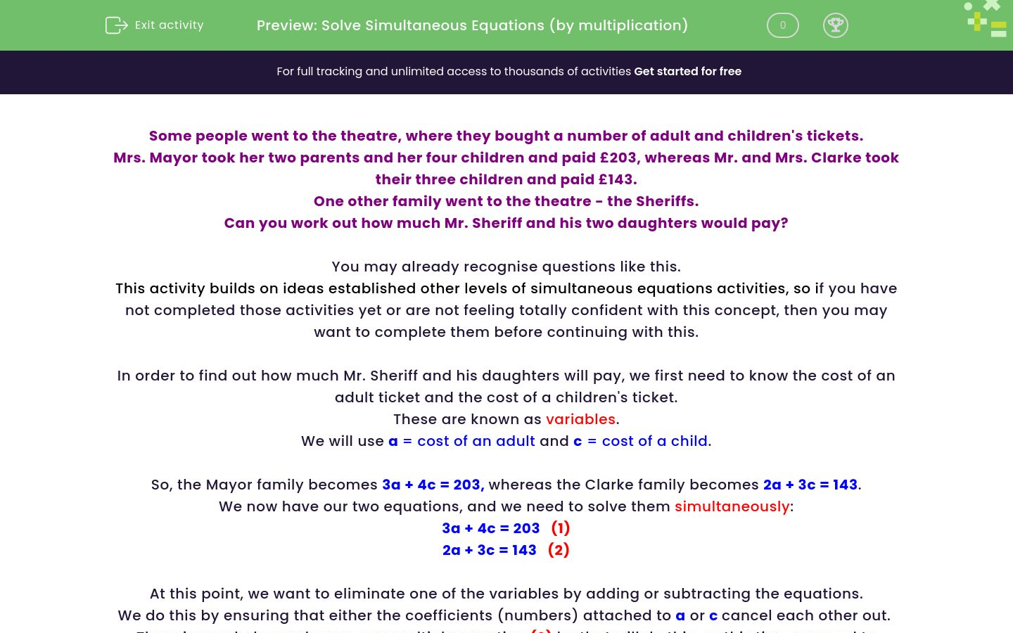 Solve Simultaneous Equations (by multiplication) Worksheet - EdPlace