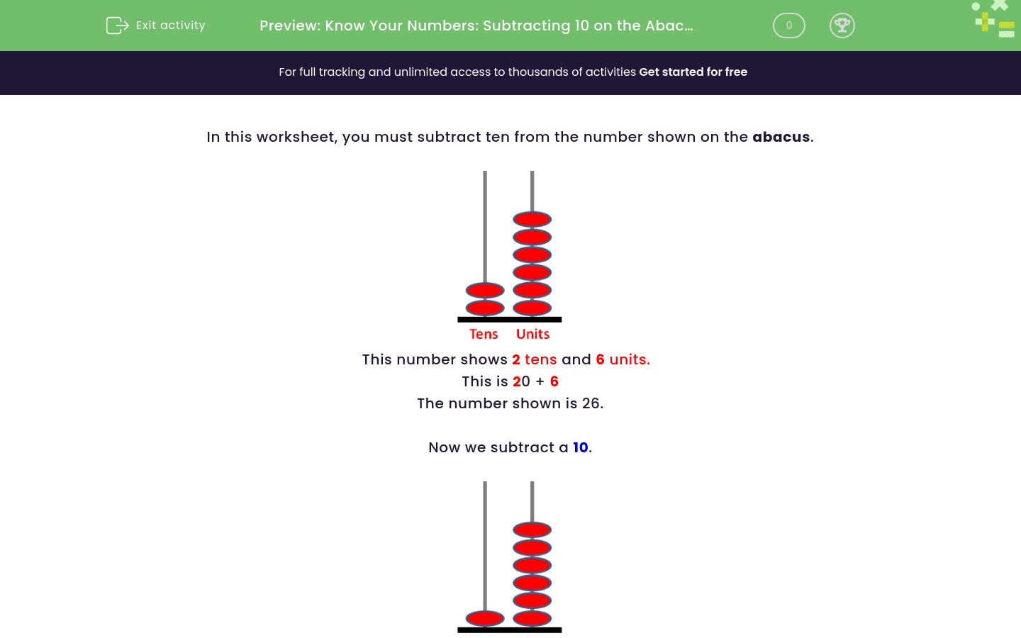 Subtract 10 From an Abacus Worksheet - EdPlace