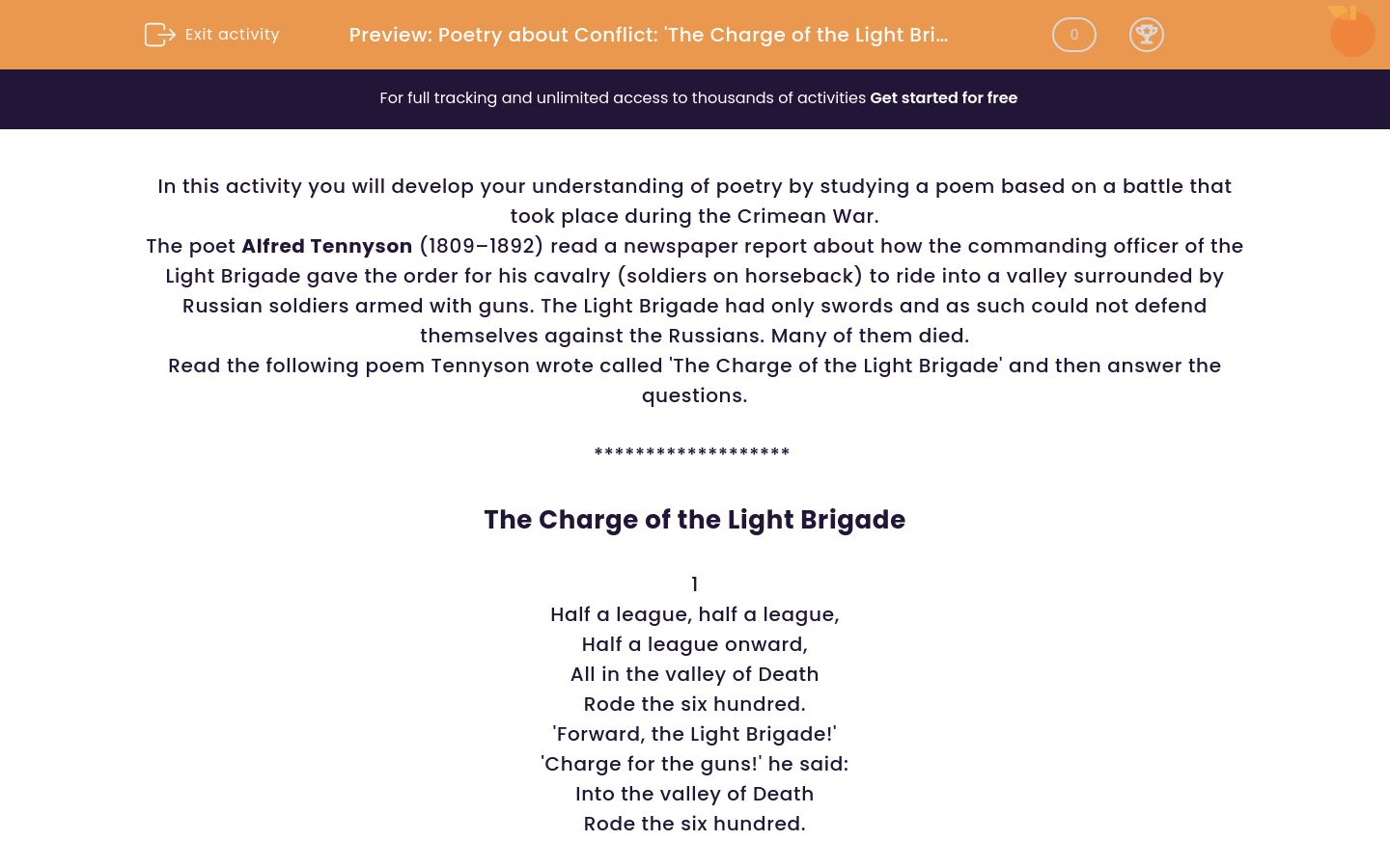 Poetry about Conflict: 'The Charge of the Light Brigade' Worksheet ...
