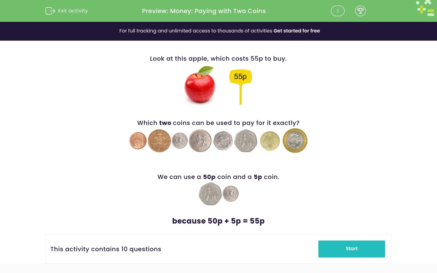Choose Two Correct Coins to Make an Exact Amount Worksheet - EdPlace