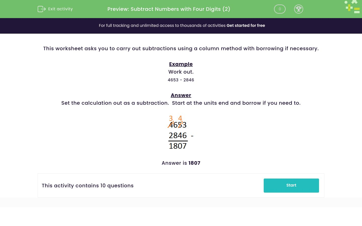 Subtract Four-Digit Numbers Using Borrowing Worksheet - EdPlace