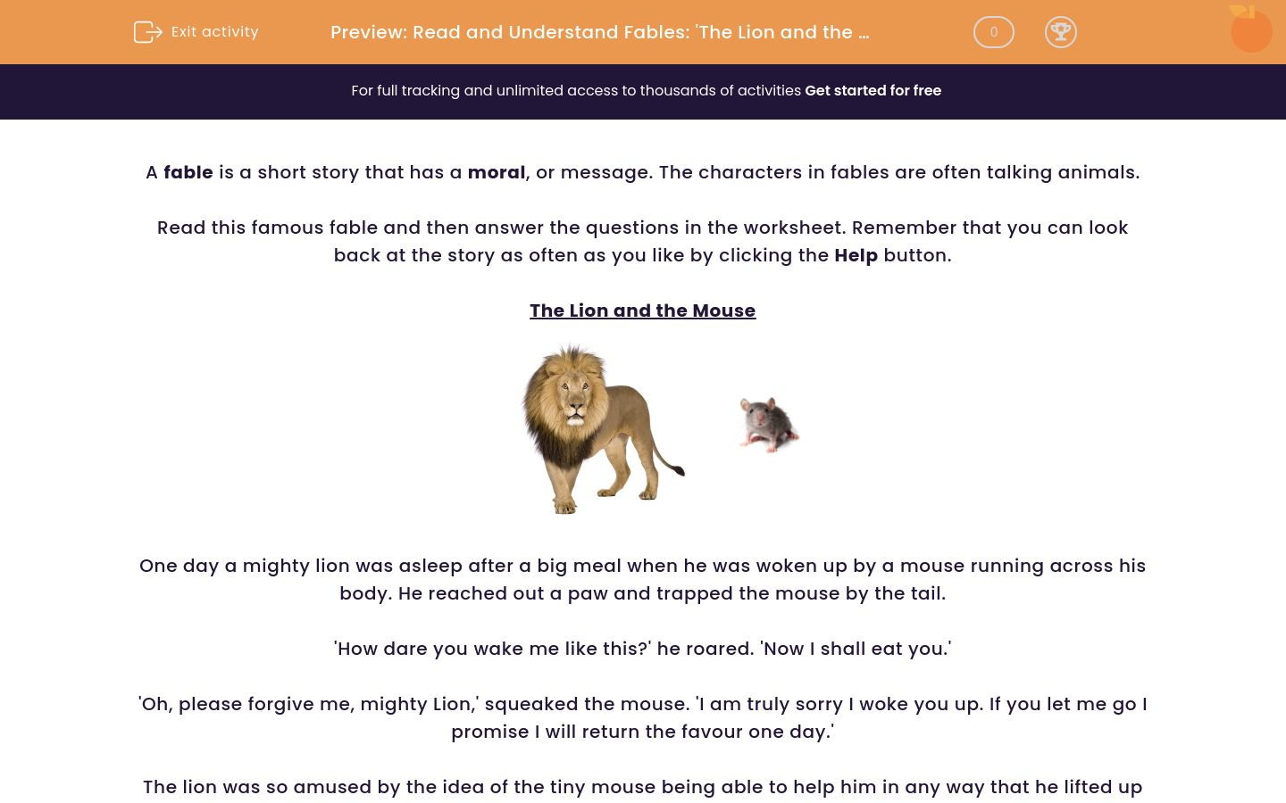 Read and Understand Fables: 'The Lion and the Mouse' Worksheet - EdPlace