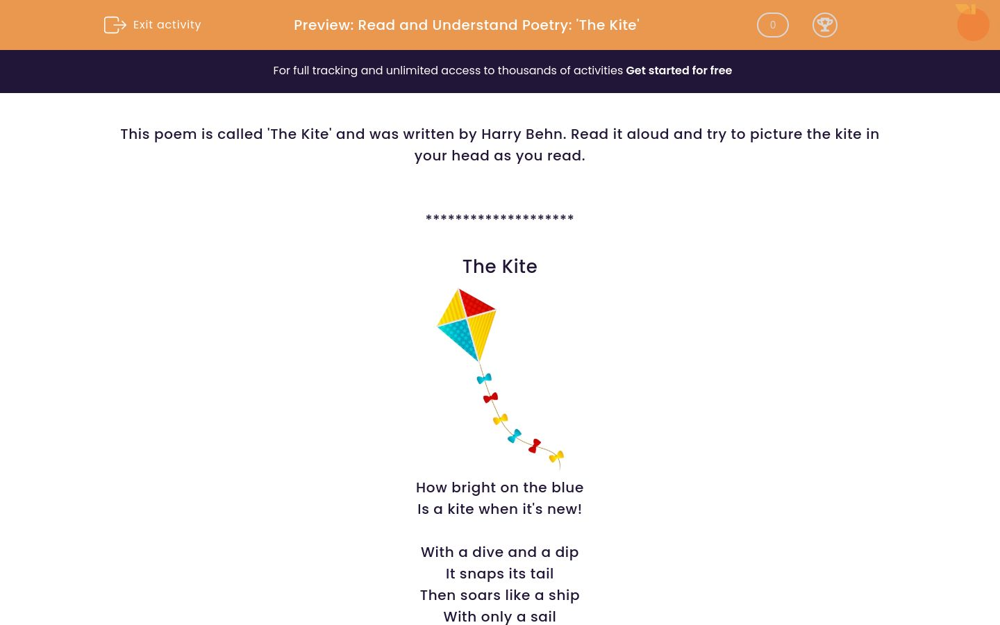 Read and Understand Poetry: 'The Kite' Worksheet - EdPlace